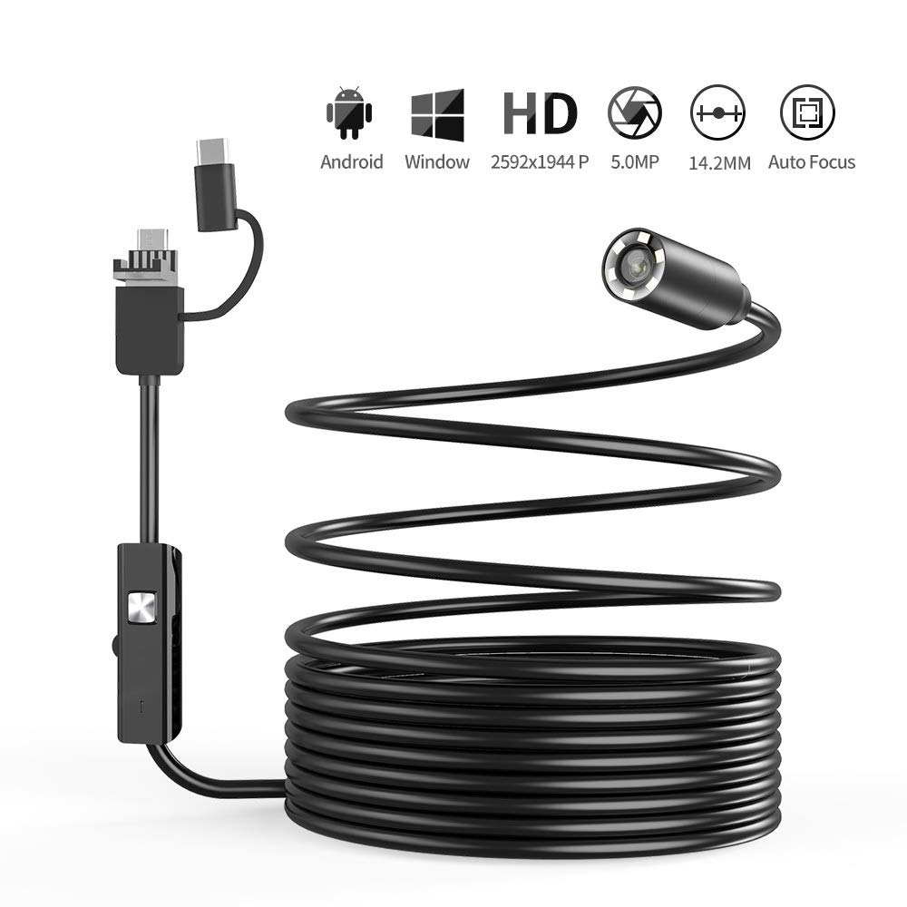 BHVXW 5.0MP USB Endoscope 14.2MM Auto Inspection Camera Industrial Borescope with 6 LED for Pipe Sewer Drain Inspection (Size : 2m)