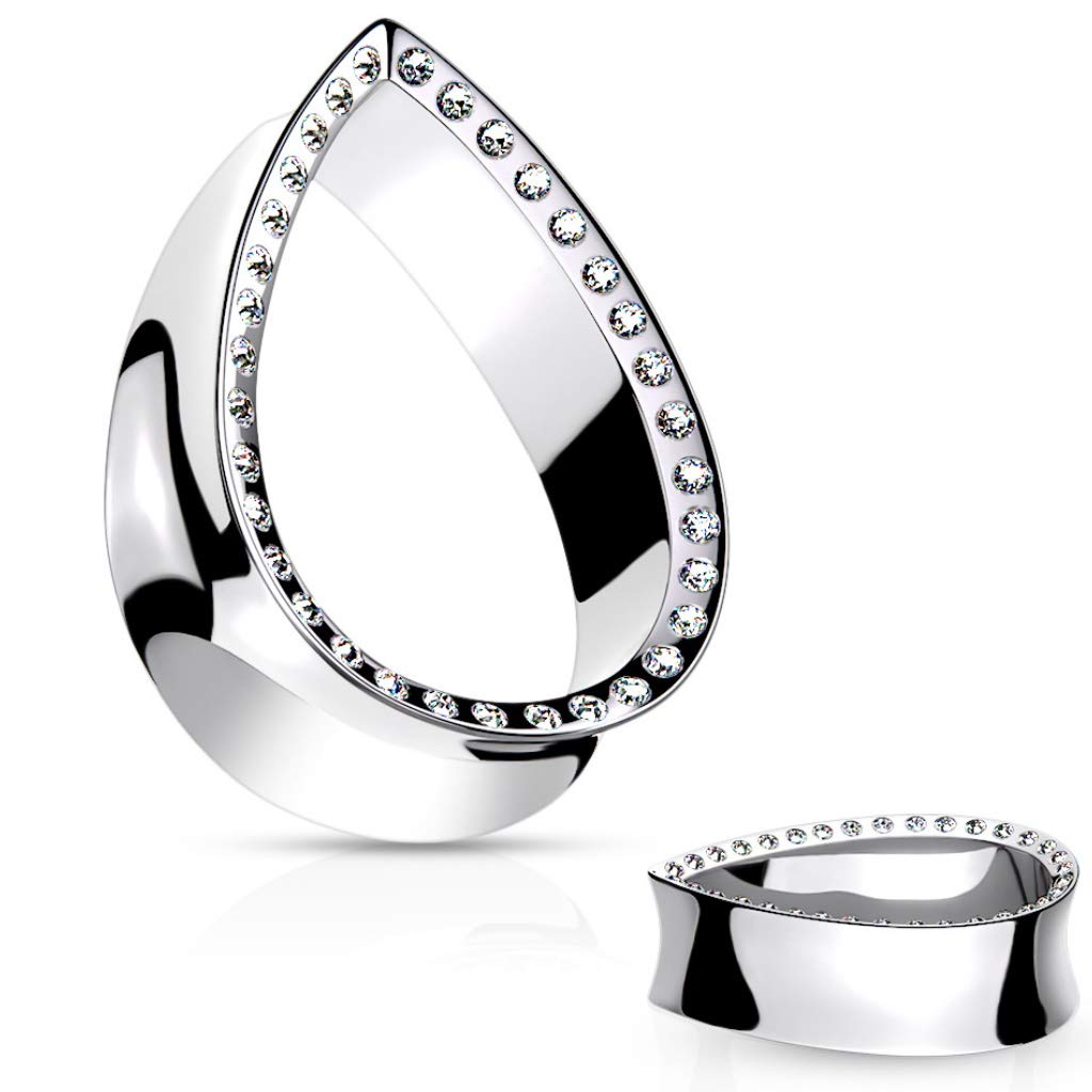 BODY DAZZ Pair 0G-25mm Crystal Paved Teardrop Tunnels Brass Plugs Double Flared (Silvertone 0G (8mm))