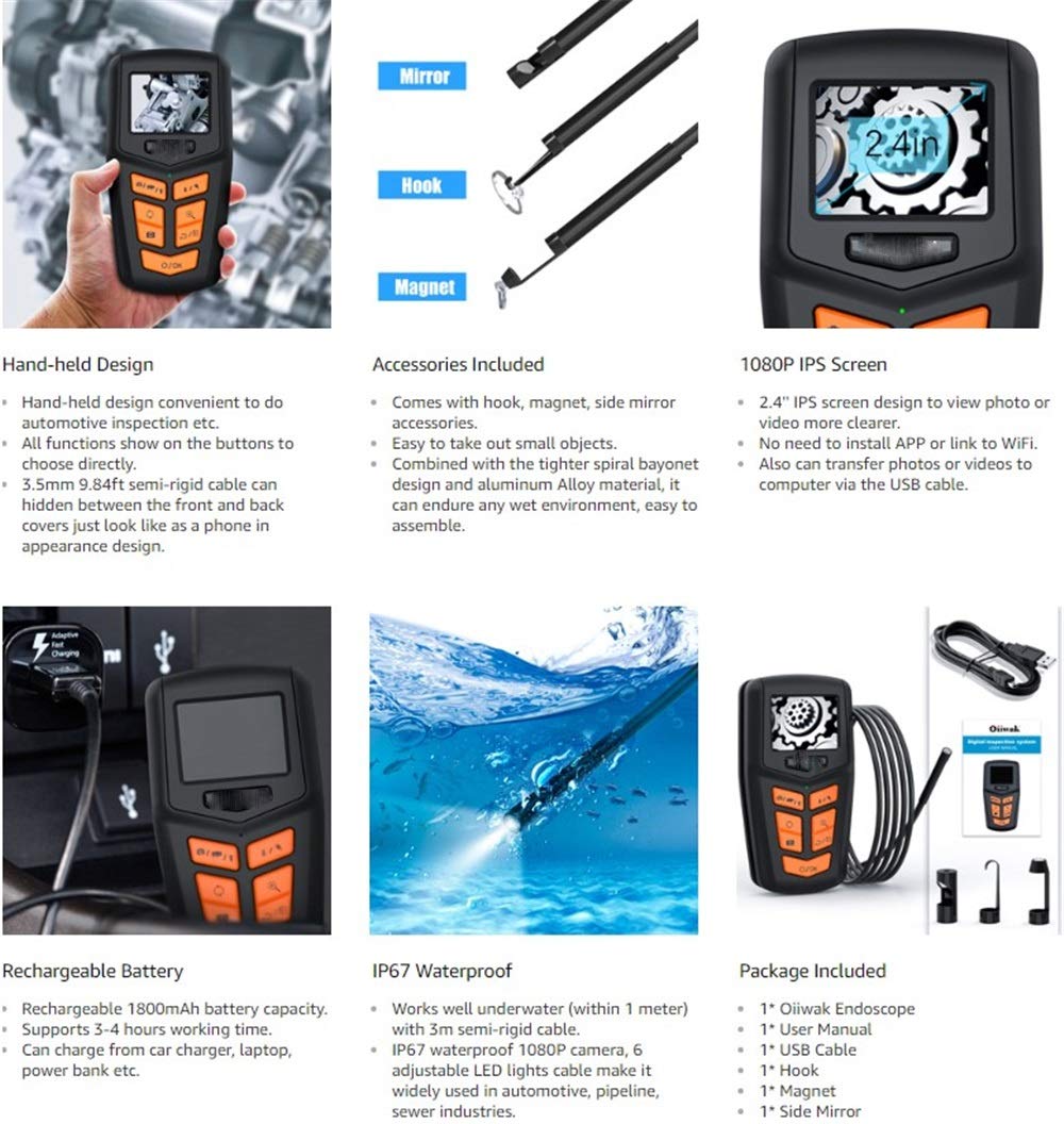 BHVXW 5.5mm 1080P Snake Camera Industrial Endoscope Handheld Automotive Borescope Inspection Camera Hidden Semi-Rigid Cable