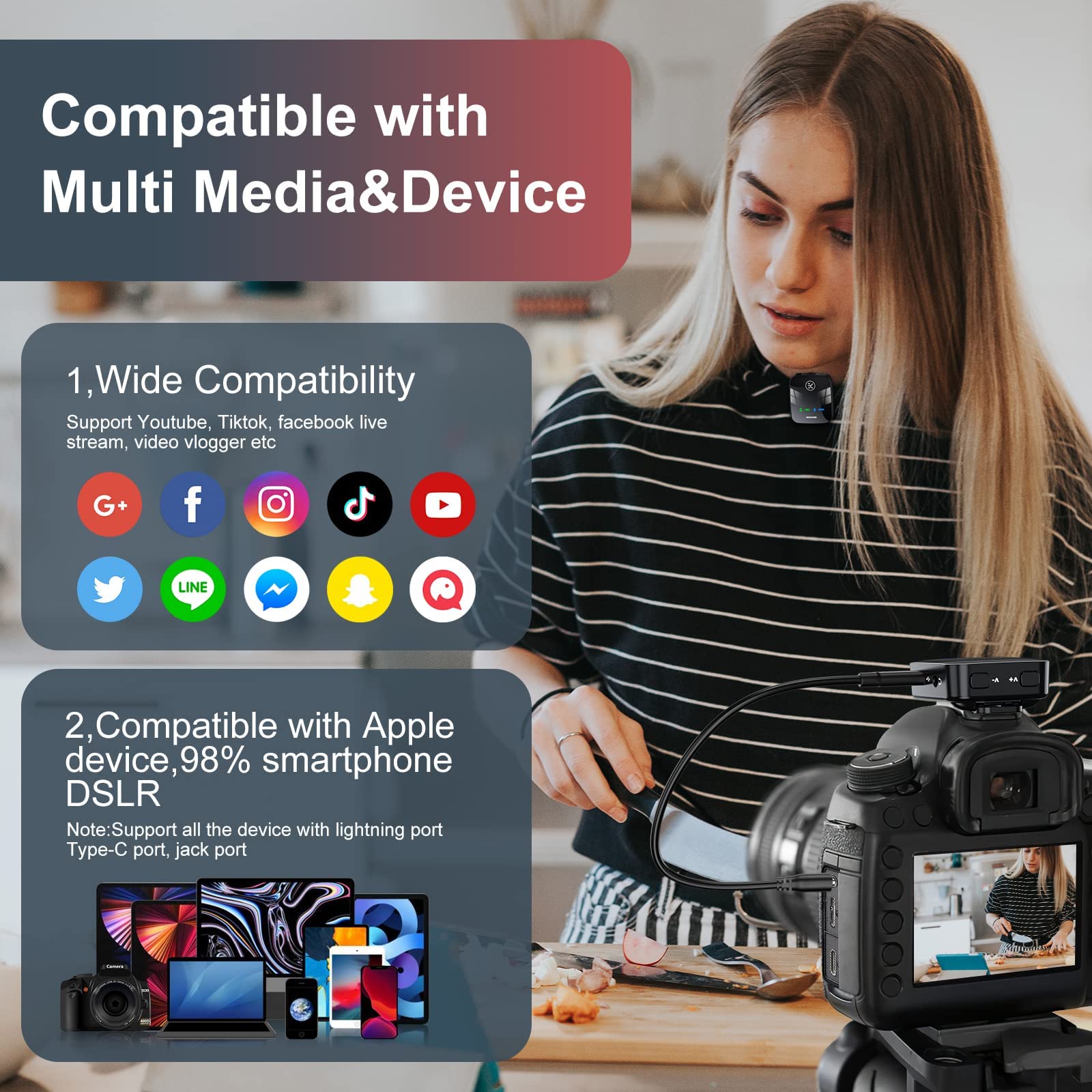 BeTIM Wireless Microphone, Lavalier Microphones Mini Mic with Transmitter and Receiver Real-time Monitoring for Vlogging,Podcast,Video,Recording,Phones,Camcorders (One Channel)