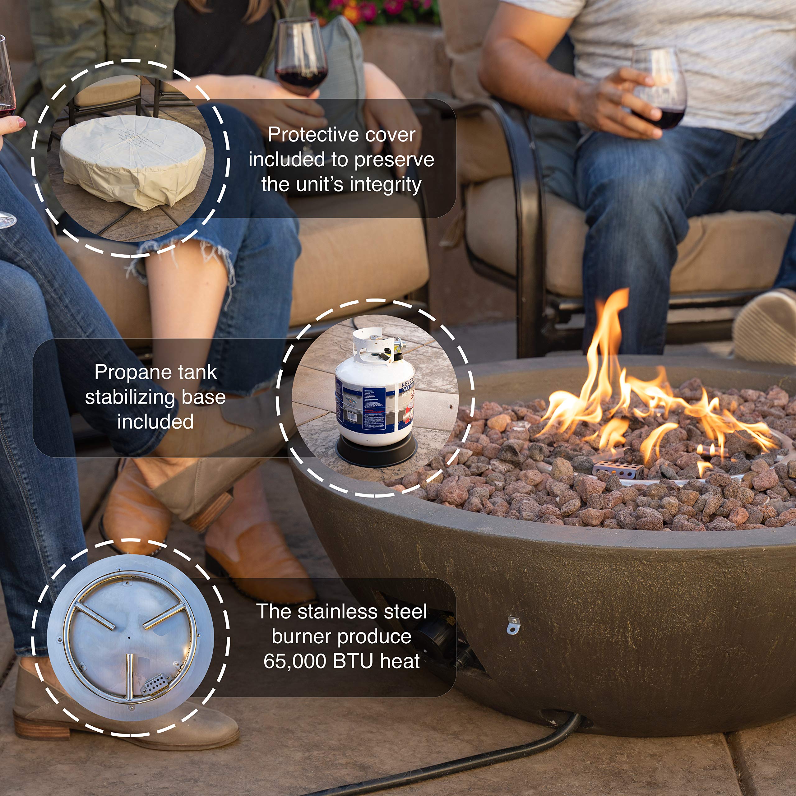 Bond Manufacturing 67504 Mondavi 36" Round 65,000 BTU Faux Concrete Gas Fire Bowl, Height: 12.5", Brown