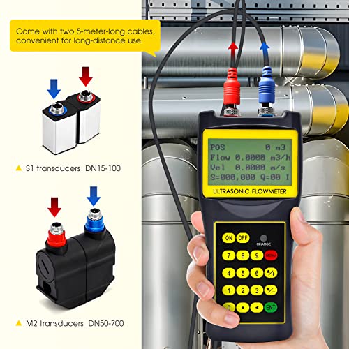 CGOLDENWALL Handheld Ultrasonic Flowmeter Clamp on Flow Meter Portable Liquid Flow Meter with S1+M2 Transducers for Copper/PVC Pipe DN15-700mm 1/2-28" ((Old or New Panel))