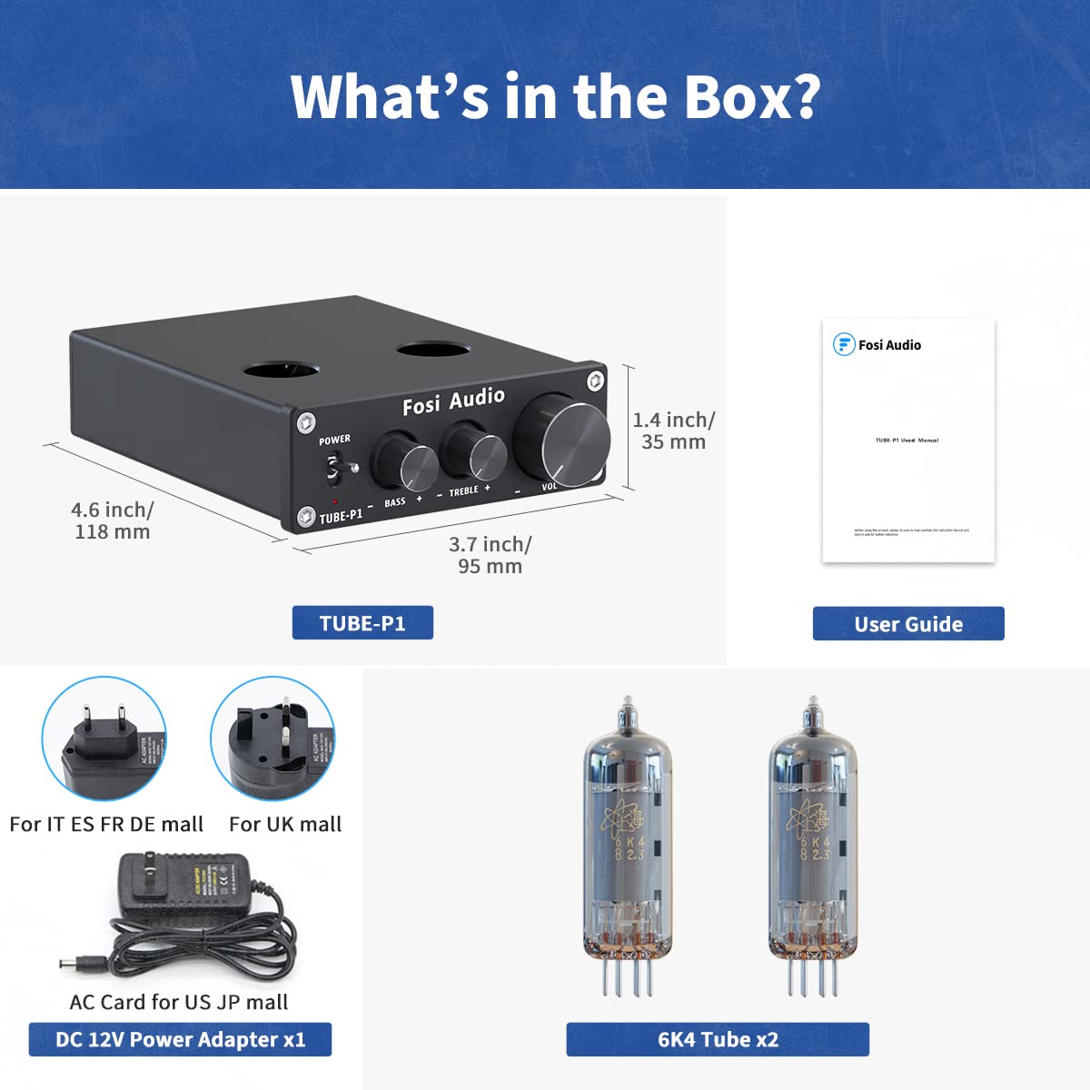 Fosi Audio P1 Tube Preamplifier Mini Hi-Fi Stereo Preamp 6K4 Valve Vacuum Pre-amp with Treble Bass Tone Control for Home Theater HiFi System(not for Turntable)