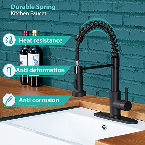 Black Kitchen Faucet, Matte Black Kitchen Faucet with Pull Down Sprayer,Commercial Spring Single Handle Kitchen Sink Faucet, Farmhouse Camper Laundry Utility Rv Bar Sink Faucet TDLKF026BD