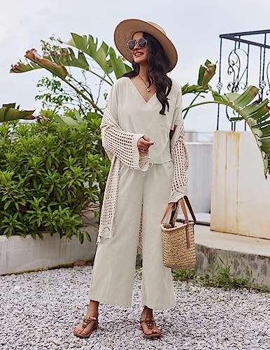 Ekouaer Womens Short Sleeve Top Wide Leg Pants Sleepwear Cotton Linen Loungewear Pajama Set, White, Medium