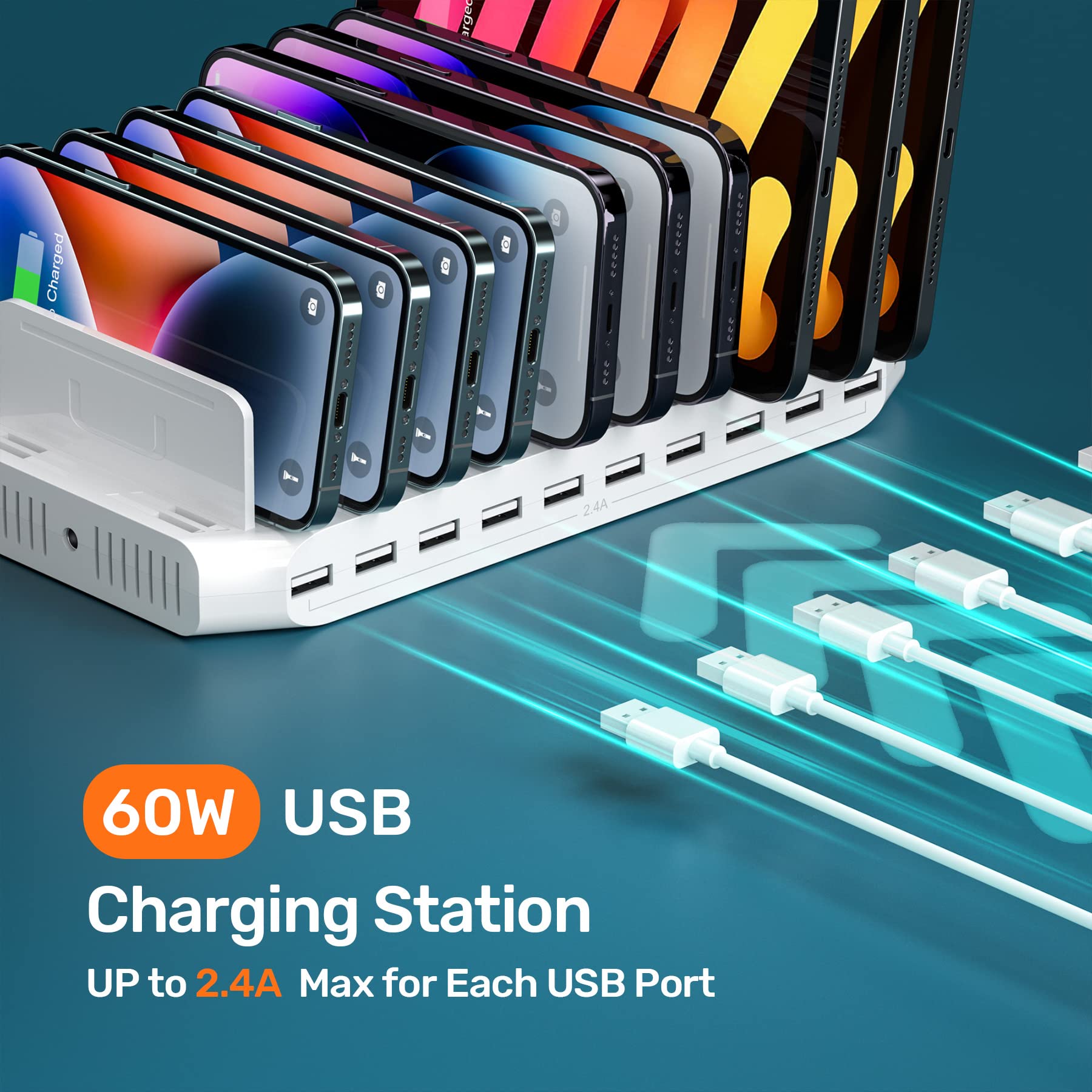 Alxum 60W 10 Ports USB Charging Station for Multiple Devices, Multi USB Charger Station with 5V/2.4A Output for Phone, Tablet and More, White