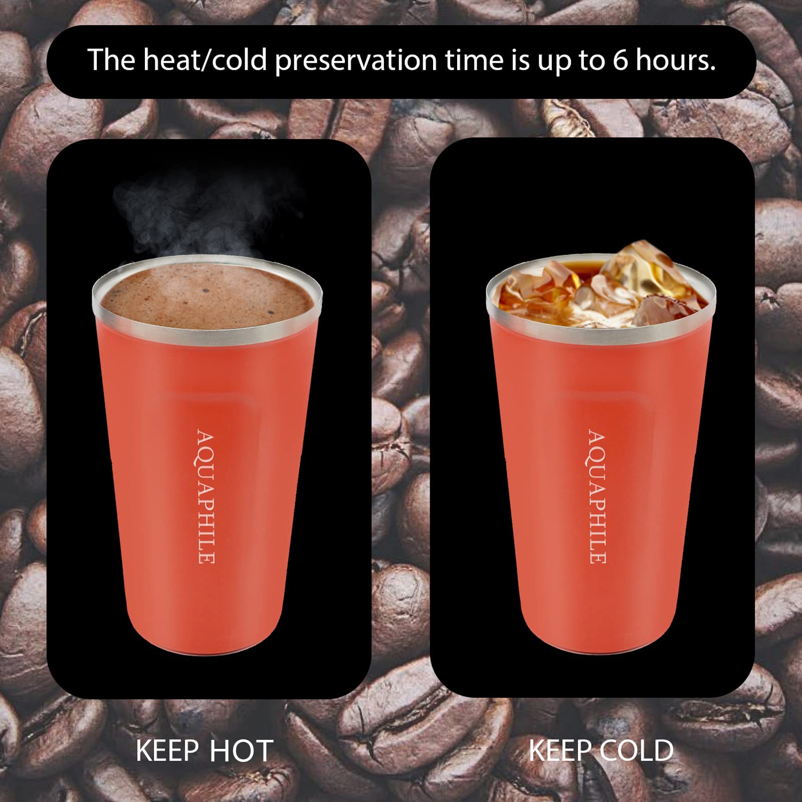AQUAPHILE Reusable Coffee Cup, Coffee Travel Mug with Leak-proof Lid, Thermal Mug Double Walled Insulated Cup, Stainless Steel Portable Coffee Tumbler, for Hot and Cold Drinks(Orange,12oz)