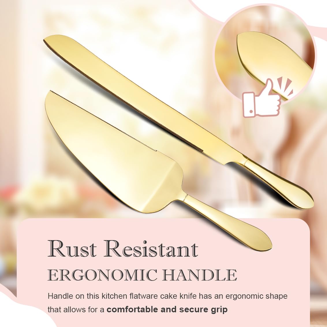 Teivio Cake Cutting Set (2 Pieces), Stainless Steel Wedding Cake Knife and Server Spatula, Cake & Pie Serving Set for Birthday, Wedding, Parties, Thanksgiving (Gold)