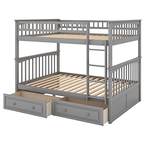Full Over Full Bunk Bed with 2 Storage Drawers, Wooden Bunk Bed Frame with Guardrails and Ladders for Kids Teens Adults, Can be Convertible into 2 Beds (Bunk Beds Full Over Full, Gray)
