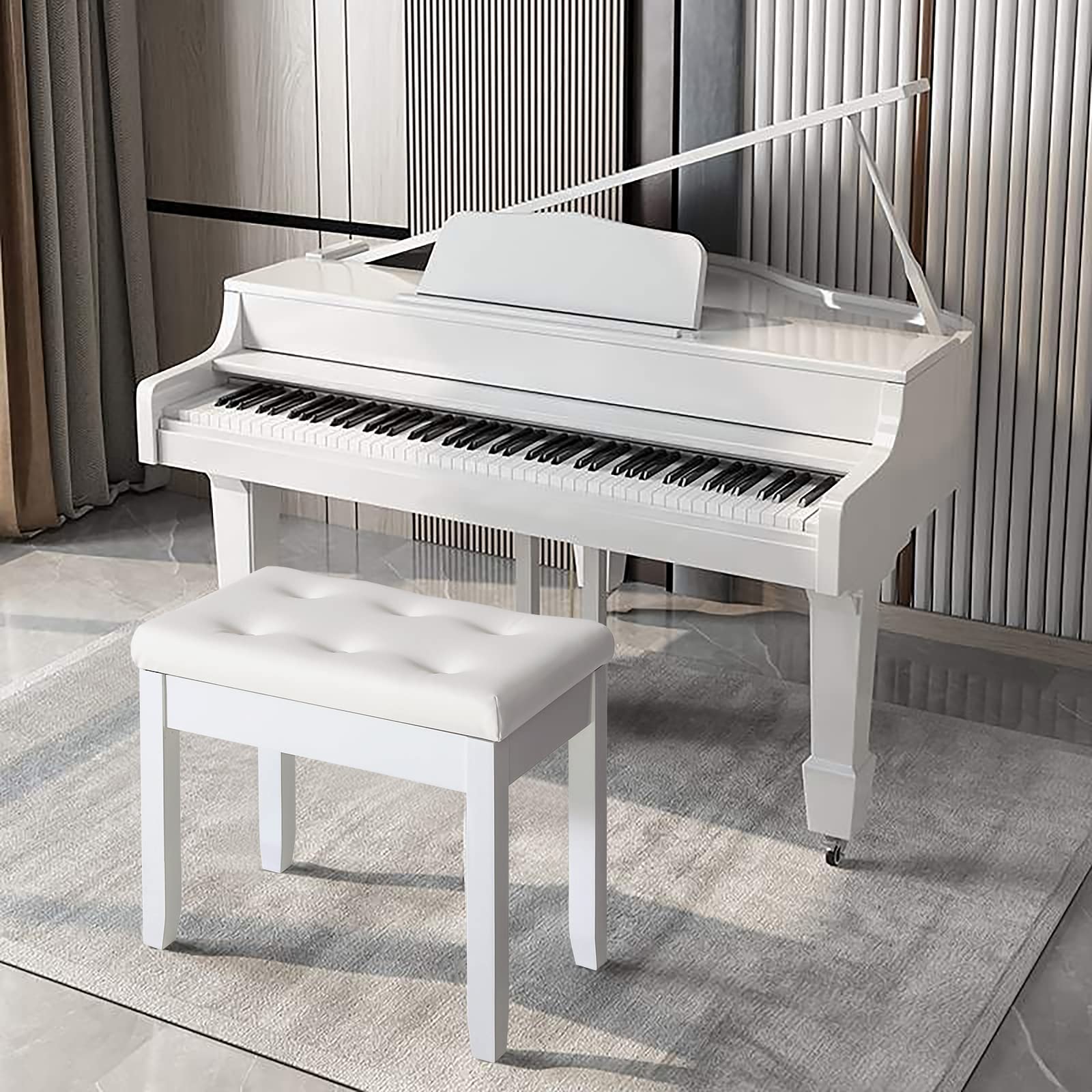 Iwell Piano Bench with Padded Cushion and Storage Compartment for Music Books, Keyboard Bench, Vanity Stool Chair with Solid Wood Leg, 20.5" L x 12.6" W x 19.7" H, White