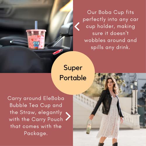 EleBoba Reusable Boba Cup with Lid and Straws - Leak Proof Tumbler for Bubble Tea and Smoothies - 24oz/700ml - Carry Pouch, Stickers, 2x Straws, Cleaning Brush, Cute Boba Cup, Kawaii Boba Cup