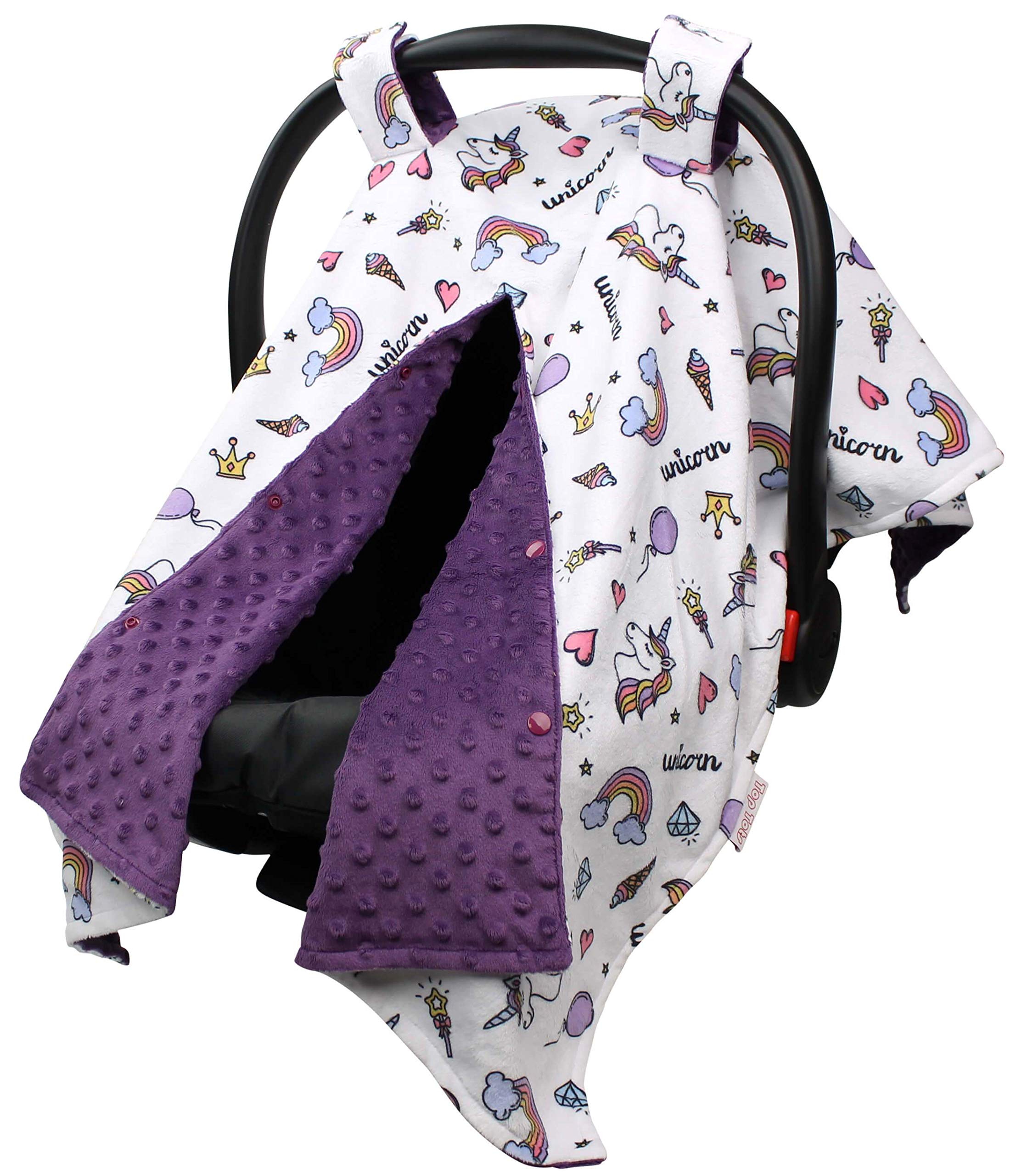Baby Car Seat Canopy Cover - Unicorn and Rainbows with Purple Minky Dot