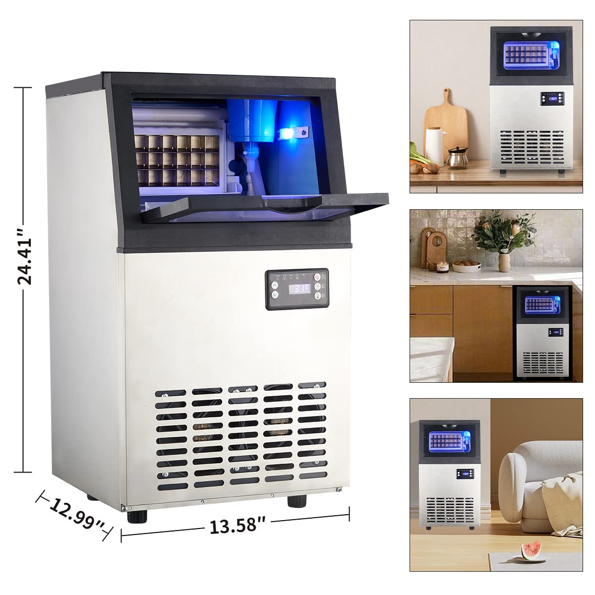 CMICE Commercial Ice Maker Machine, 100lbs/24H Stainless Steel Under Counter ice Machine, Full Heavy Duty Stainless Steel Construction, Include Water Filter, Scoop, Connection Hose