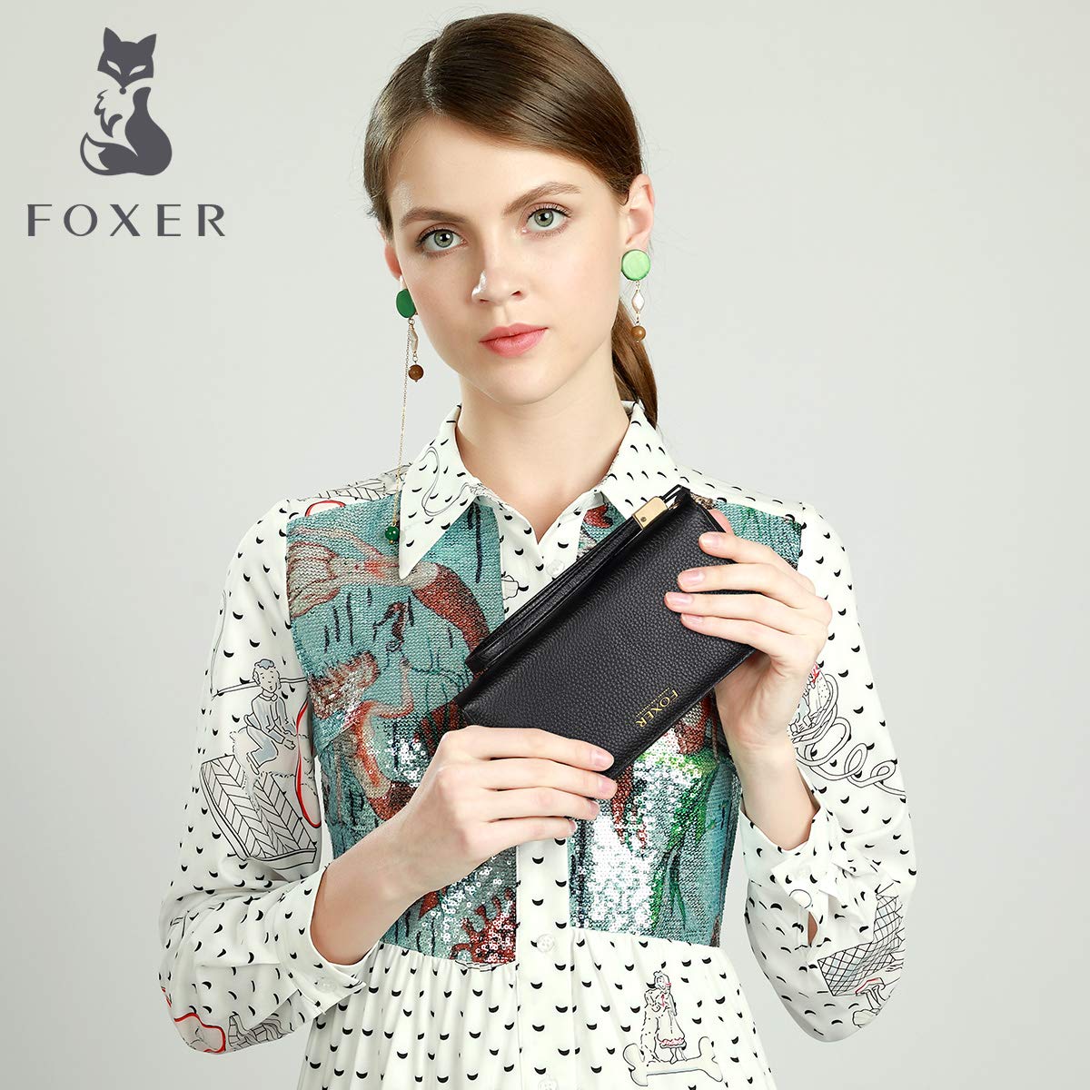 FOXER Leather Zip Around Wallets for Women, Genuine Leather RFID Blocking Gift Box Packing 17 Card Slots Ladies Long Purses with Zipper Coin Pocket Women's Clutch Wallets with Wristband (Black)