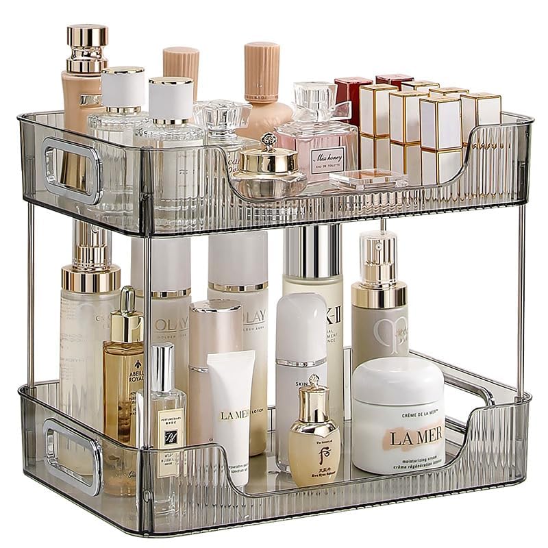 CESTATIVO Bathroom Organizer Countertop, 2 Tier Vanity Tray, Skincare Makeup Organizer Shelf, Vanity Organizer, Bathroom Counter Shelf for Cosmetics, Toiletries, Lotions, Perfumes, Clear