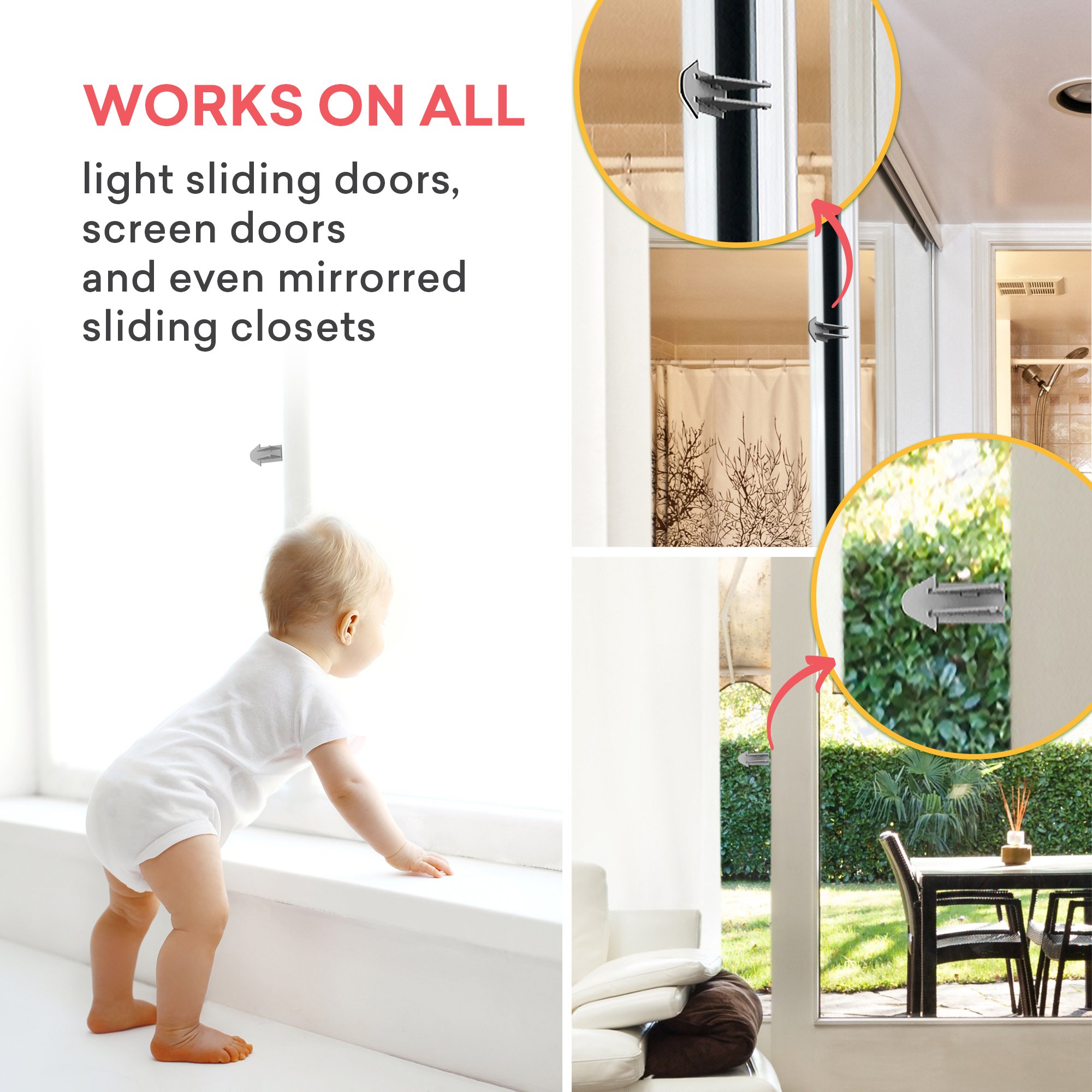Sliding Closet Door Lock - No Drill Easy Install, 4 Pack, Clear