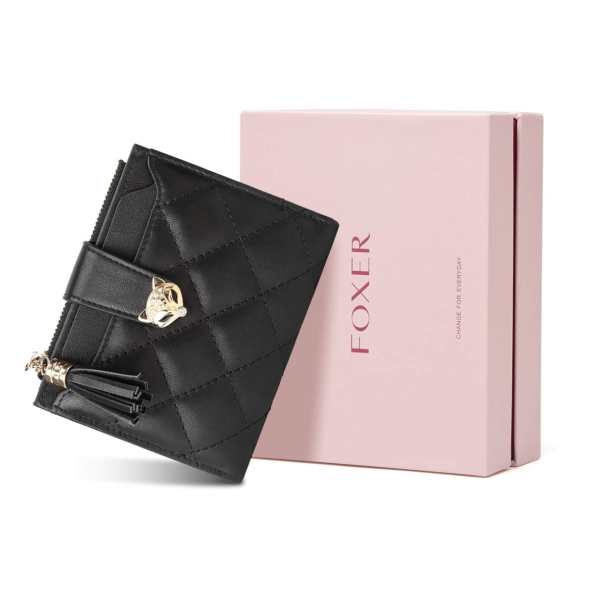 FOXER Women Leather Wallet Small Bifold Wallet Quilted Wallet Card Holder (Black2)