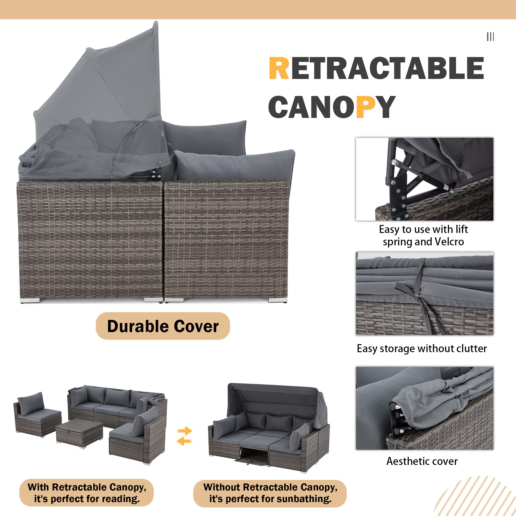 HOMREST 6 Pieces Patio Furniture Sets, Rattan Daybed with Retractable Canopy, Outdoor Sectional Sofa Set with Adjustable Backrest, Chaise Chair Sunbed for Garden Poolside Backyard(Grey)