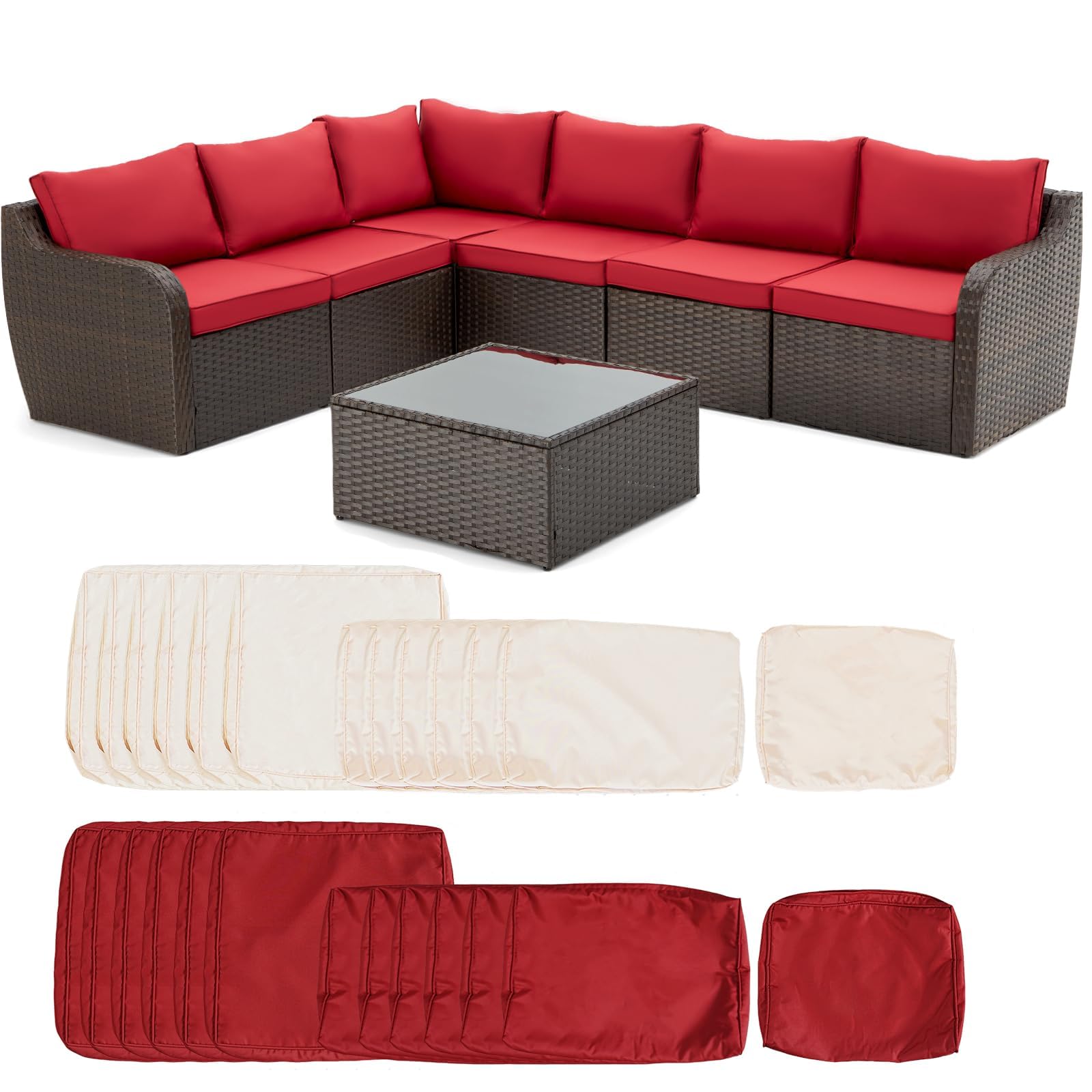 HOMREST 7 Piece Patio Furniture Set, PE Rattan Sectional Sofa, High Back Outdoor Furniture Set, Wicker Patio Conversation Set with Cushion and Glass Table for Garden, Backyard, Poolside(Khaki+Red)