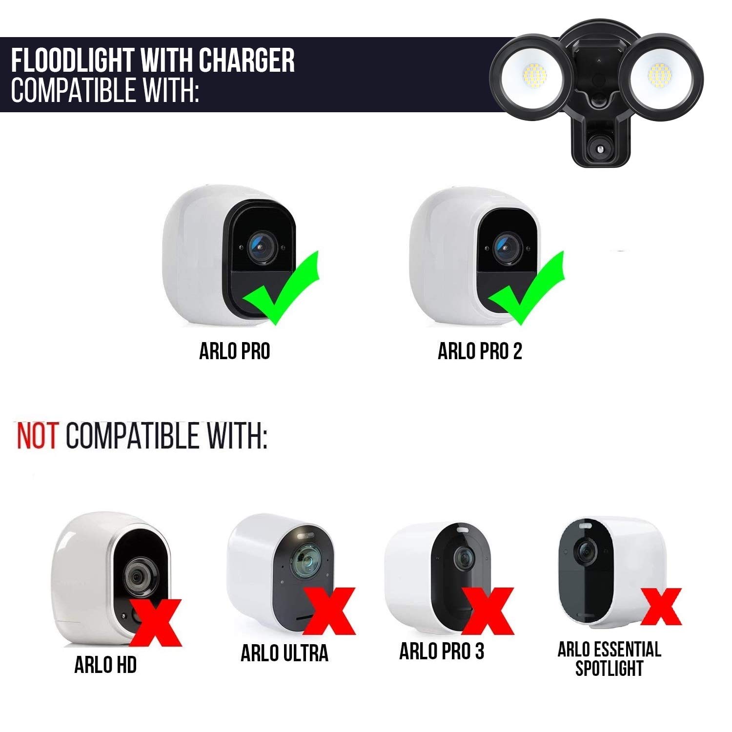 Wasserstein 3-in-1 Wired Floodlight, Charger and Mount Compatible with Arlo Pro & Arlo Pro 2 Only - 2000 Lumens Powerful Floodlight (Black) (Arlo Pro/Pro 2 NOT Included)