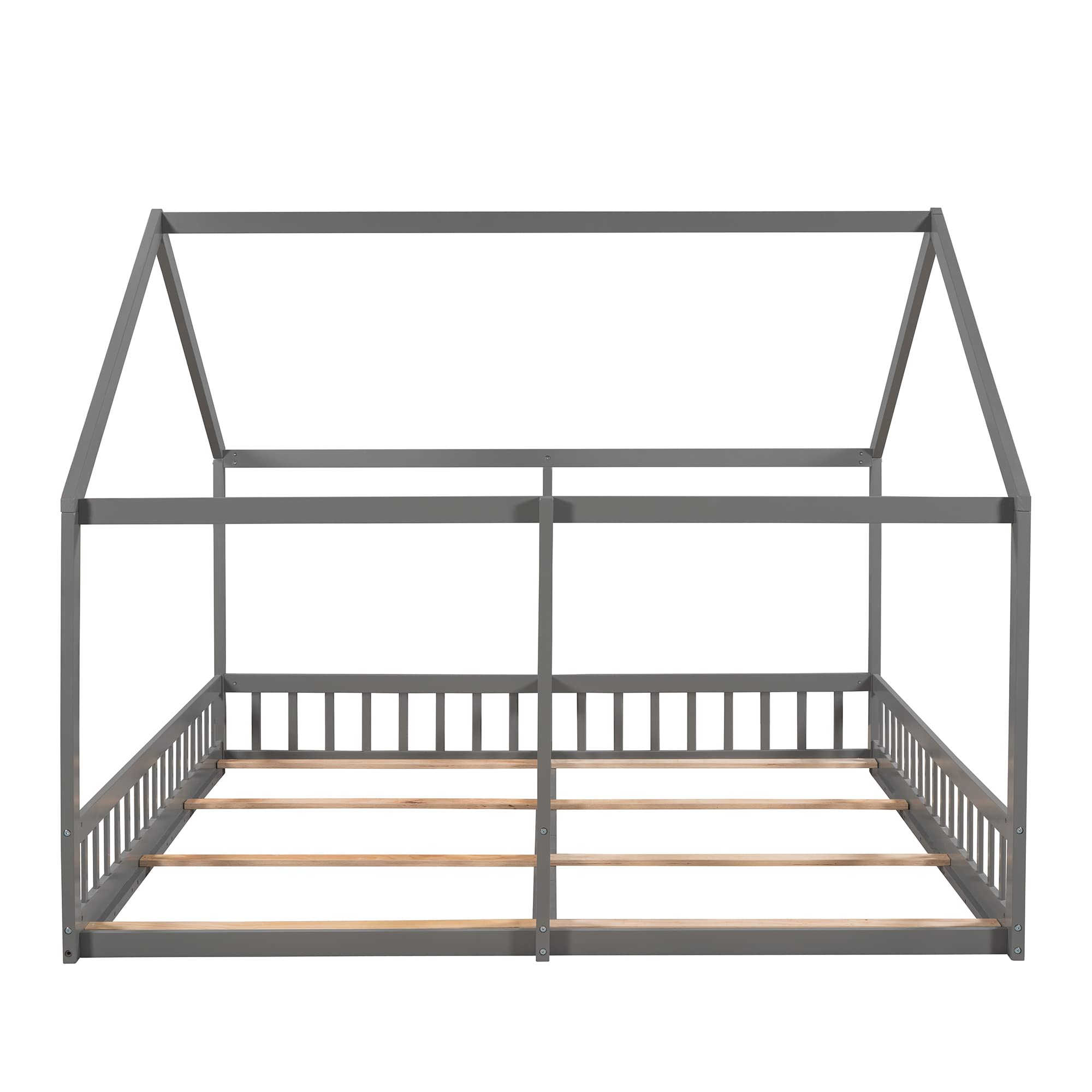 Twin House Bed for 2 Kids Wood Double Floor Beds Frame with Fence Railings Two Shared Beds for Boys Girls Teens, Twin Size, Gray