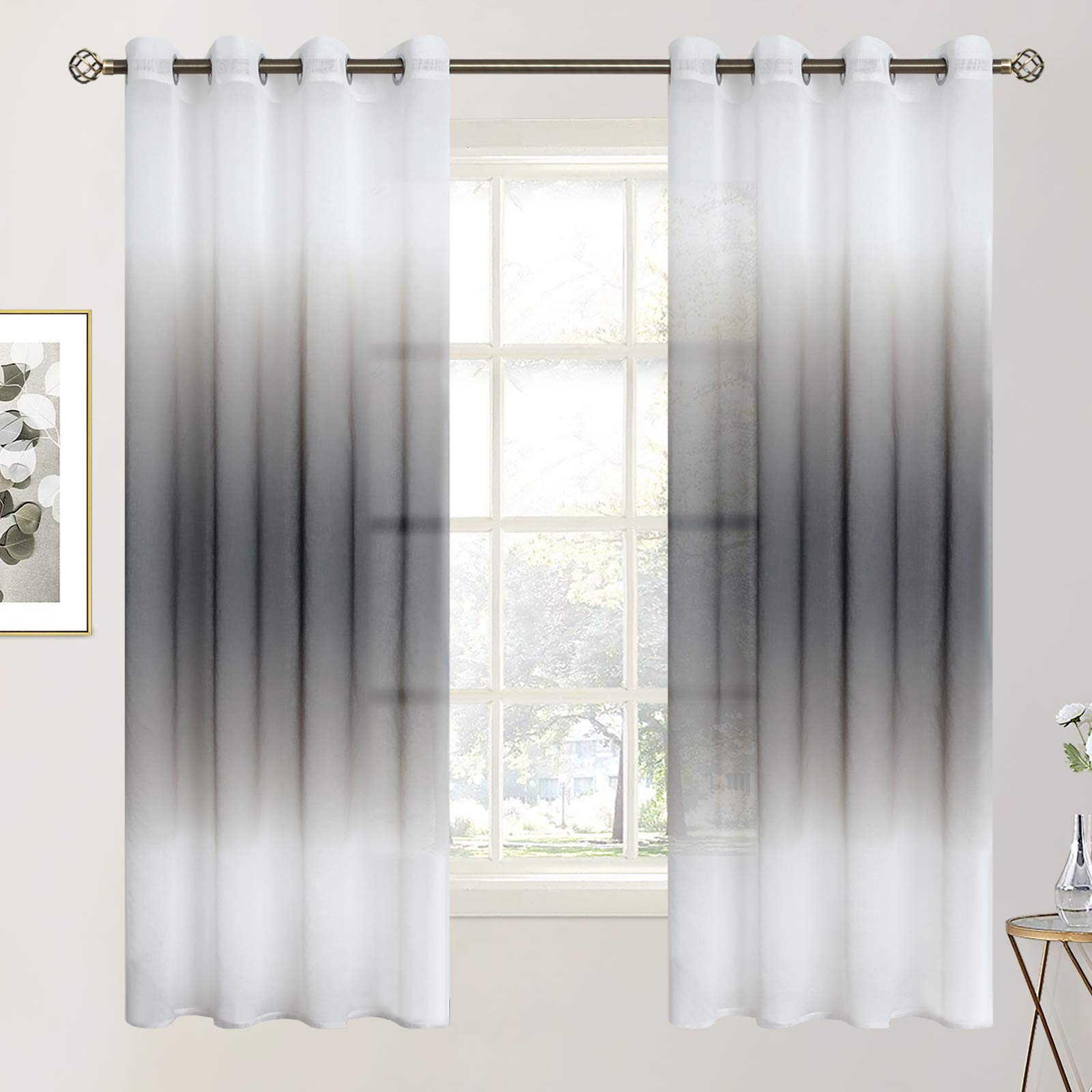 BGment Faux Linen Ombre Sheer Window Curtains for Living Room, Grommet Linear Gradient Light Filtering Semi Voile Sheer Curtain Panels for Kids Room, Set 2 Panels (Each 52 x 72 Inch, Grey)