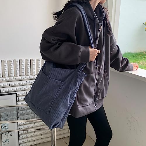 Corduroy Tote Bag for Women Girl with Front Pocket and Zipper Shoulder Handbags Simple Canvas Purse, Grey