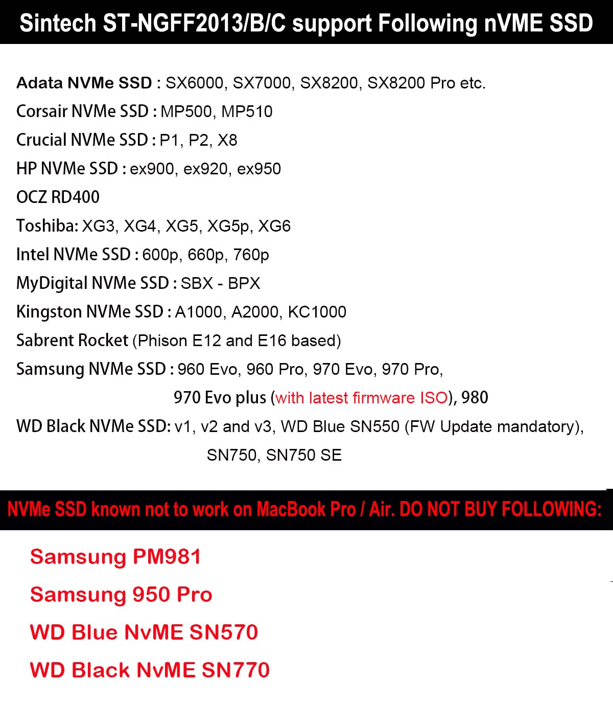 Sintech NGFF M.2 nVME SSD Adapter Card for Upgrade 2013-2015 Year Macs(Not Fit Early 2013 MacBook Pro)