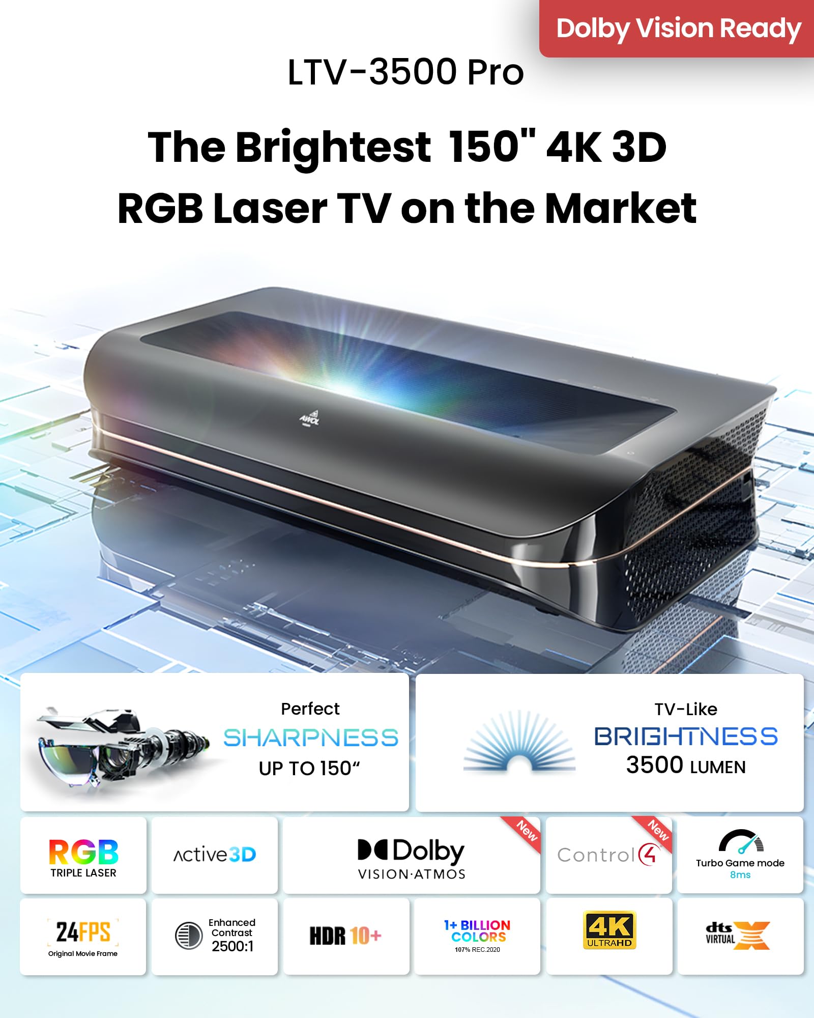 AWOL VISION LTV-3500 Pro with 120" Motorized Floor Rising Screen Bundle,4K 3D HDR10+ Dolby Vision & Atmos 3500 Lumen Ultra Short Throw Triple Laser Projector with 120" Motorized Floor Rising Screen