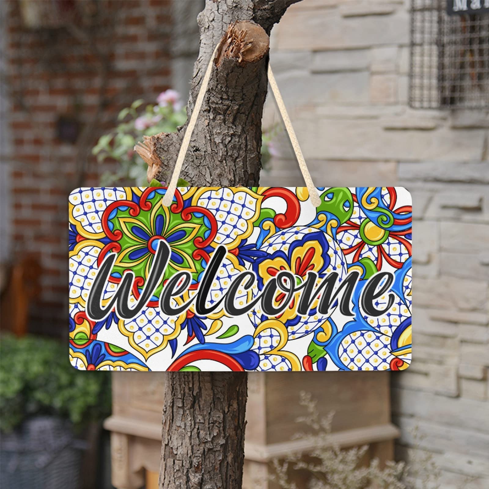 xigua Hanging Plaque Welcome Sign with String, Gate Wall Sign for Front Door Porch Garden Farmhouse Home Bar Cafe Doors Decor, Mexican Talavera Ceramic