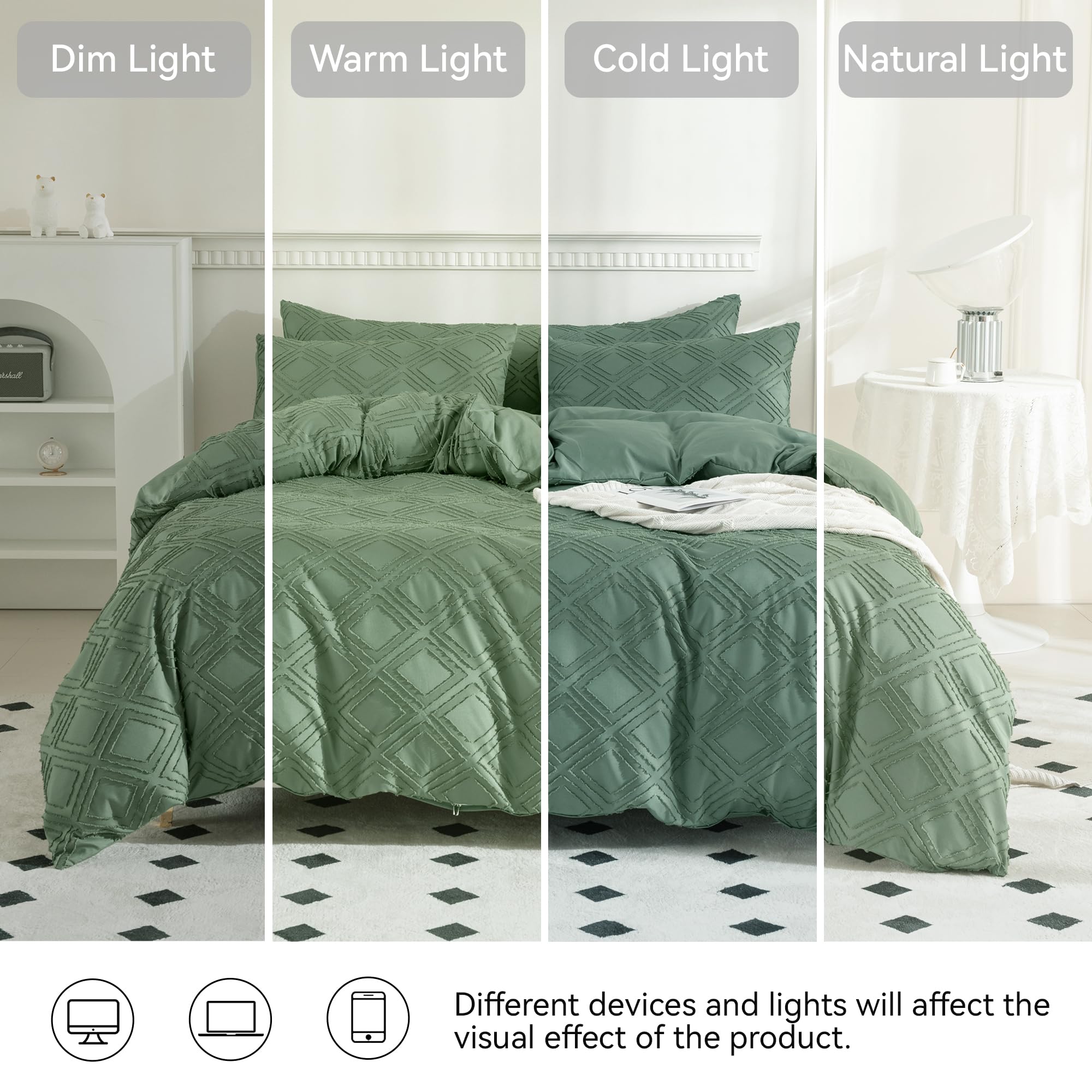 JELLYMONI Green Duvet Cover Full Size - 3 PCS Microfiber Tufted Duvet Cover Set, Boho Textured Duvet Cover Jacquard Rhombus Geometric Pattern Duvet Cover with Corner Ties & Zipper Closure