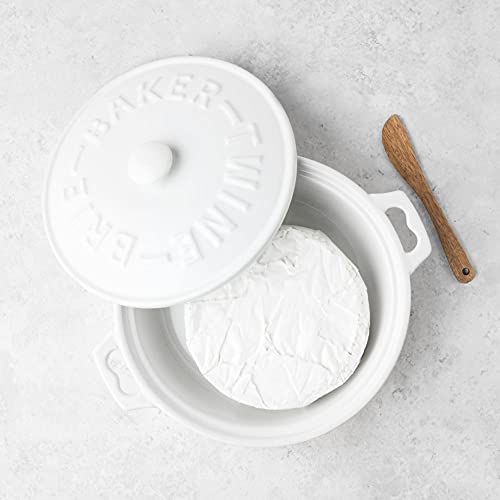 Twine, Brie Baker with Lid, Acacia Wood Spreader, White Ceramic, Set of 1