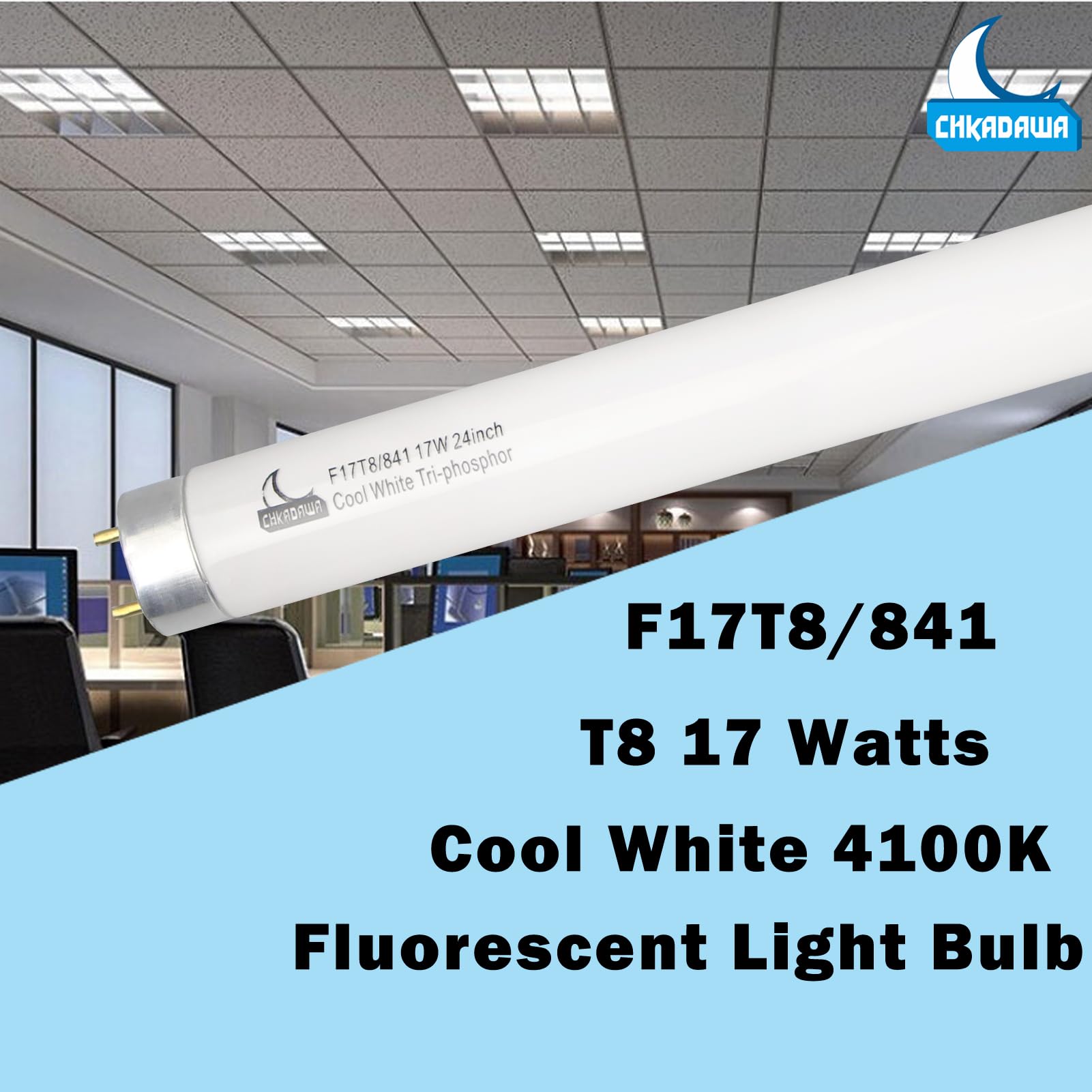 CHKADAWA 24 Inch Fluorescent Light Bulb F17T8/841 17 Watts, 2 Ft T8 17W Cool White 4100K Straight Linear Fluorescent Tube, G13 Medium Bi-Pin Base, 6 Pack