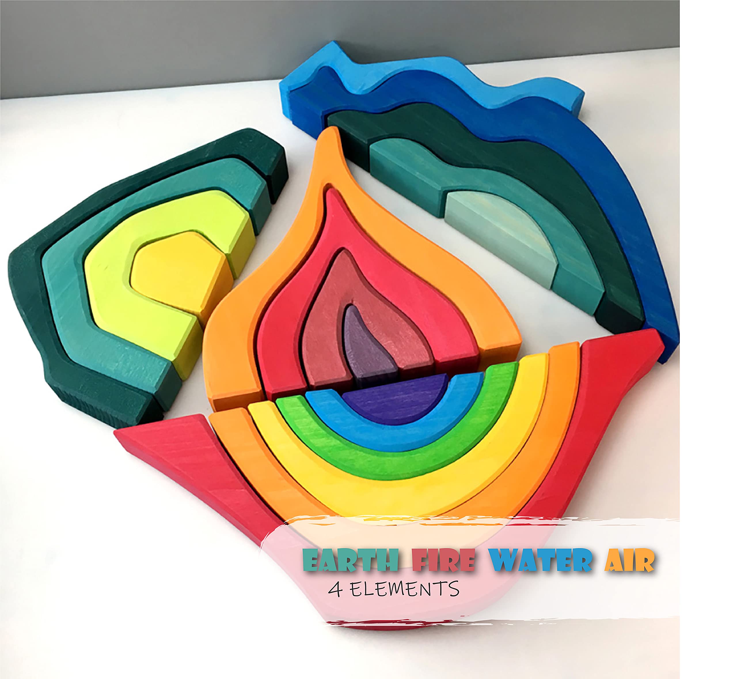 moderngenic 'Four Elements' Rainbow X-Large Rainbow Blocks, Wooden Toys for Kids, Geometric Building Puzzle, Volcano/House Educational Set