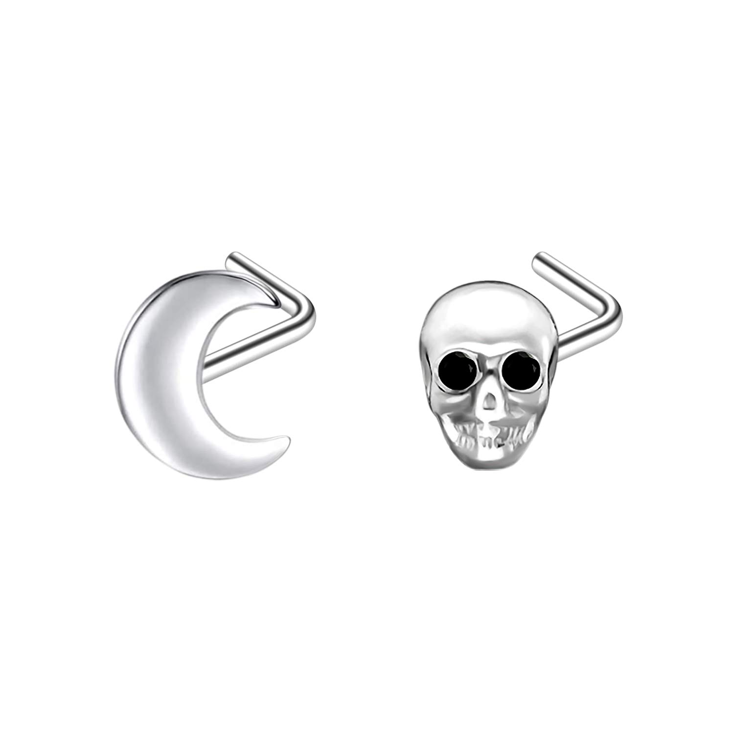 BODY16G CZCZ Skull Nose Stud Ring Surgical Steel Moon L-Shape Screw Created with CZ 20 Gauge (2Pcs set)…