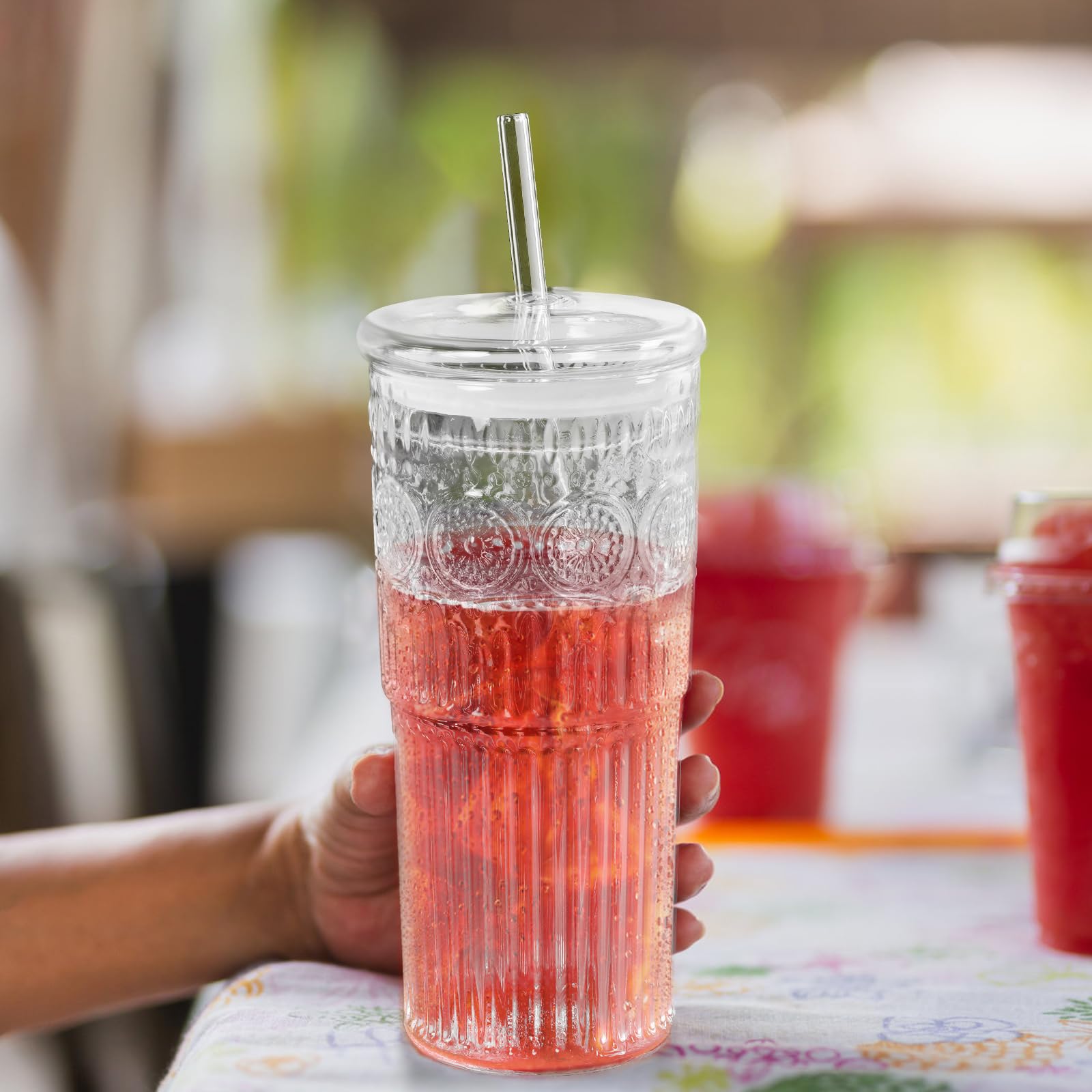 Bandesun All Glass Iced Coffee Cup With Lids and Straws,24 OZ High Borosilicate Glass Tumbler for Water Smoothie Juice Drinks