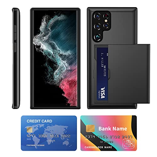 Compatible with Samsung Galaxy S23 Ultra Case Wallet with Card Holders Slide Slot Shockproof Slim Hard PC Case Heavy Duty Protective Cover for Samsung Galaxy S23 Ultra for Women & Men (Black)