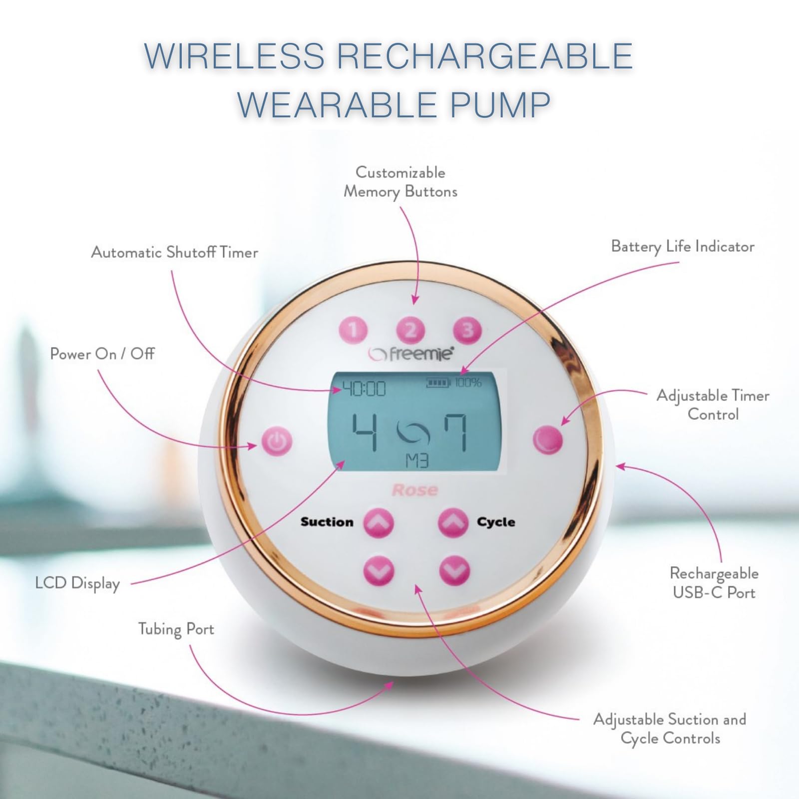 Freemie Rose Premium Hands-Free Wearable Breast Pump System | Quiet Rechargeable Mobile Breast Pump | Ultra-Discreet in-Bra Pink Cups | 3 Sizes Included