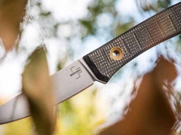 Boker Plus Bark Beetle - 3.62" 1095 Matte Coated Carbon Steel Blade with Olive Green Canvas Micarta Scales and Leather Sheath Designed by Sandor Hegyes - 02BO039