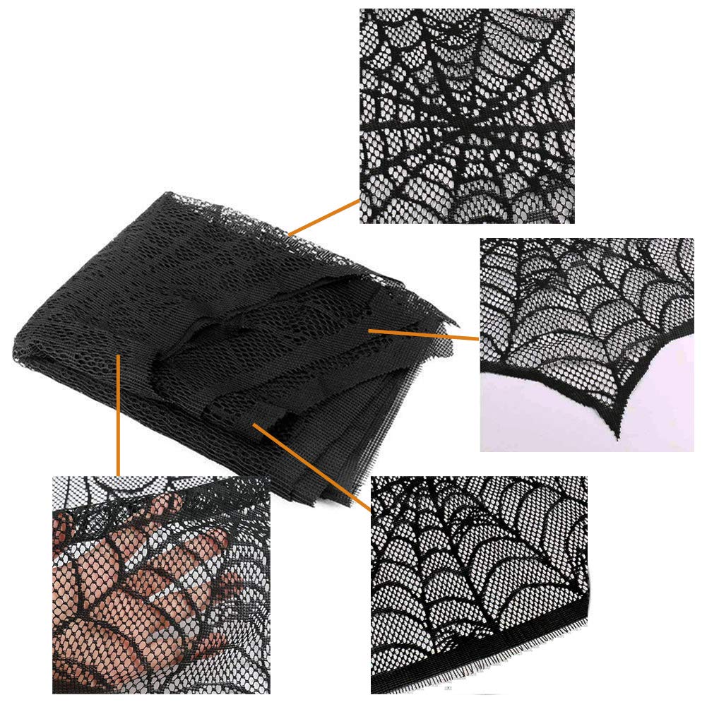 Halloween Decoration Black Lace Spiderweb Fireplace Mantle Scarf Cover Festive Party Supplies Set for Fireplace Window Door Frame Decoration 18 x 96 inch