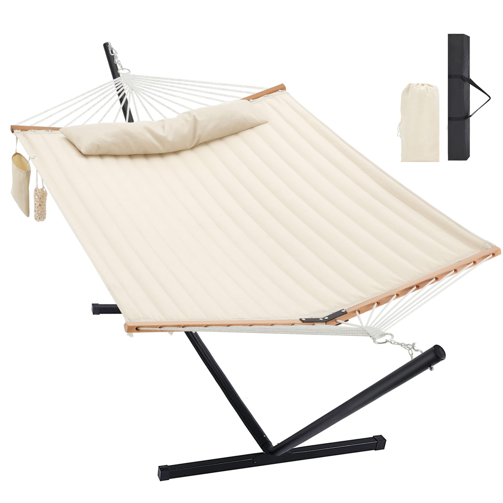 Homgava Two Person Hammock with Stand Heavy Duty, Outdoor Patio Hammock with Portable Steel Stand, Large Double Hammocks,480lbs Capacity.(Off White)