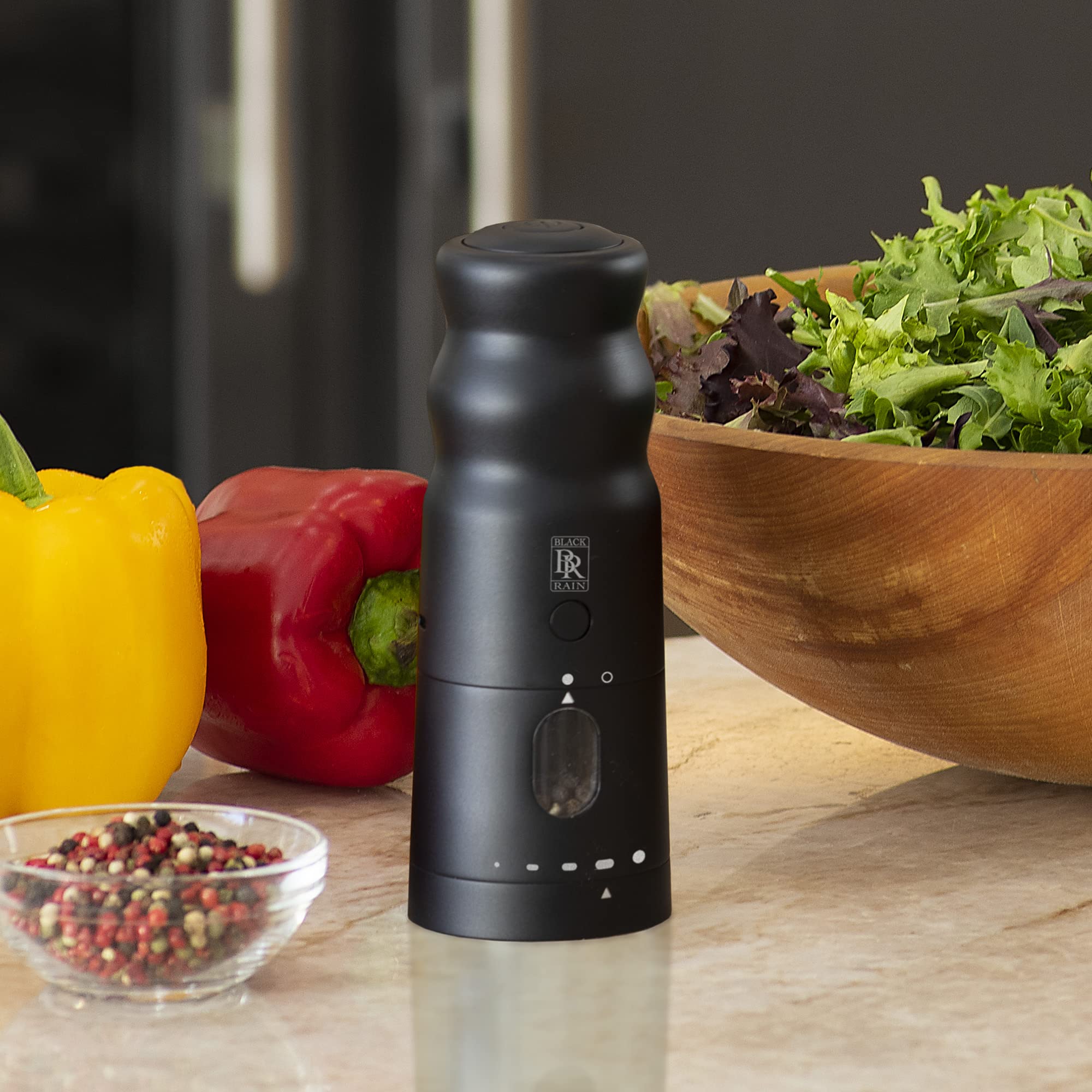BLACK RAIN Pepper Mill Grinder - High Pepper Volume Automatic Peppercorn Grinder w/Built-in LED Lighting - Sturdy Aluminum Electric Pepper Grinder w/Rechargeable Lithium Battery (Matte Black)