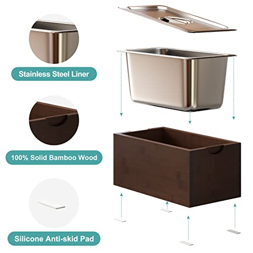 Compost Bin Kitchen, 1.6 Gal-Kitchen Compost Bin Countertop, Rust Proof Stainless Steel Insert, Countertop Compost Bin with Lid, and Bamboo Wood Box- Large Compost Bin Kitchen