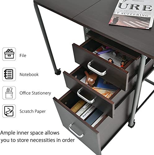 CHEFJOY Folding Computer Study Desk, Home Office Desk with 6 Smooth Wheels & 3 Large Drawers, Mobile Laptop Desk Writing Table for Small Space, Bedroom, Living Room (Brown)