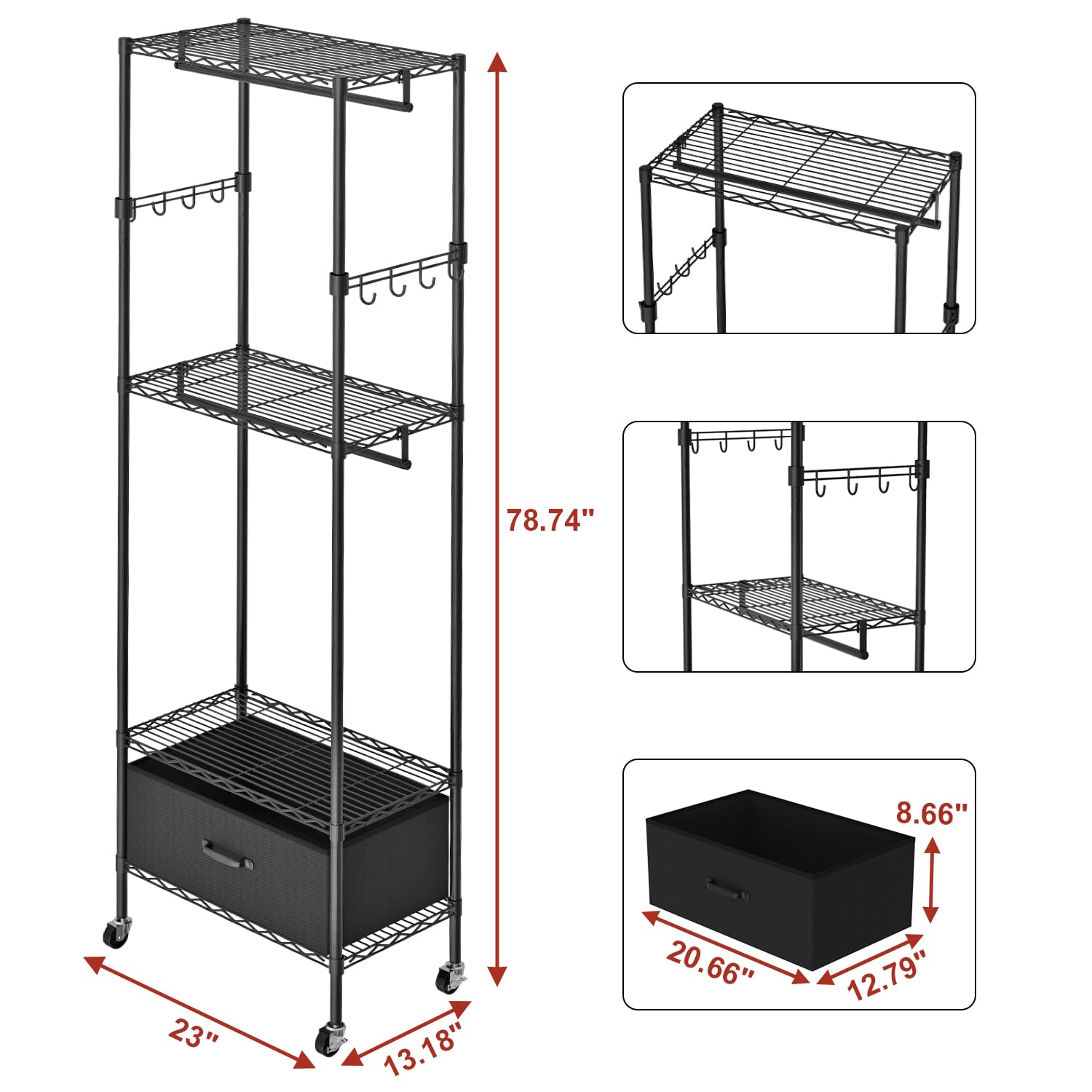VyGrow Clothes Rack, Clothing Rack for Hanging Clothes, Kids Clothes Rack, 4 Tiers Adjustable Closet Organizer with Drawer | Double Rods | Side Hooks | Load 445lbs | 23" L x 13.18" W x 78.74" H