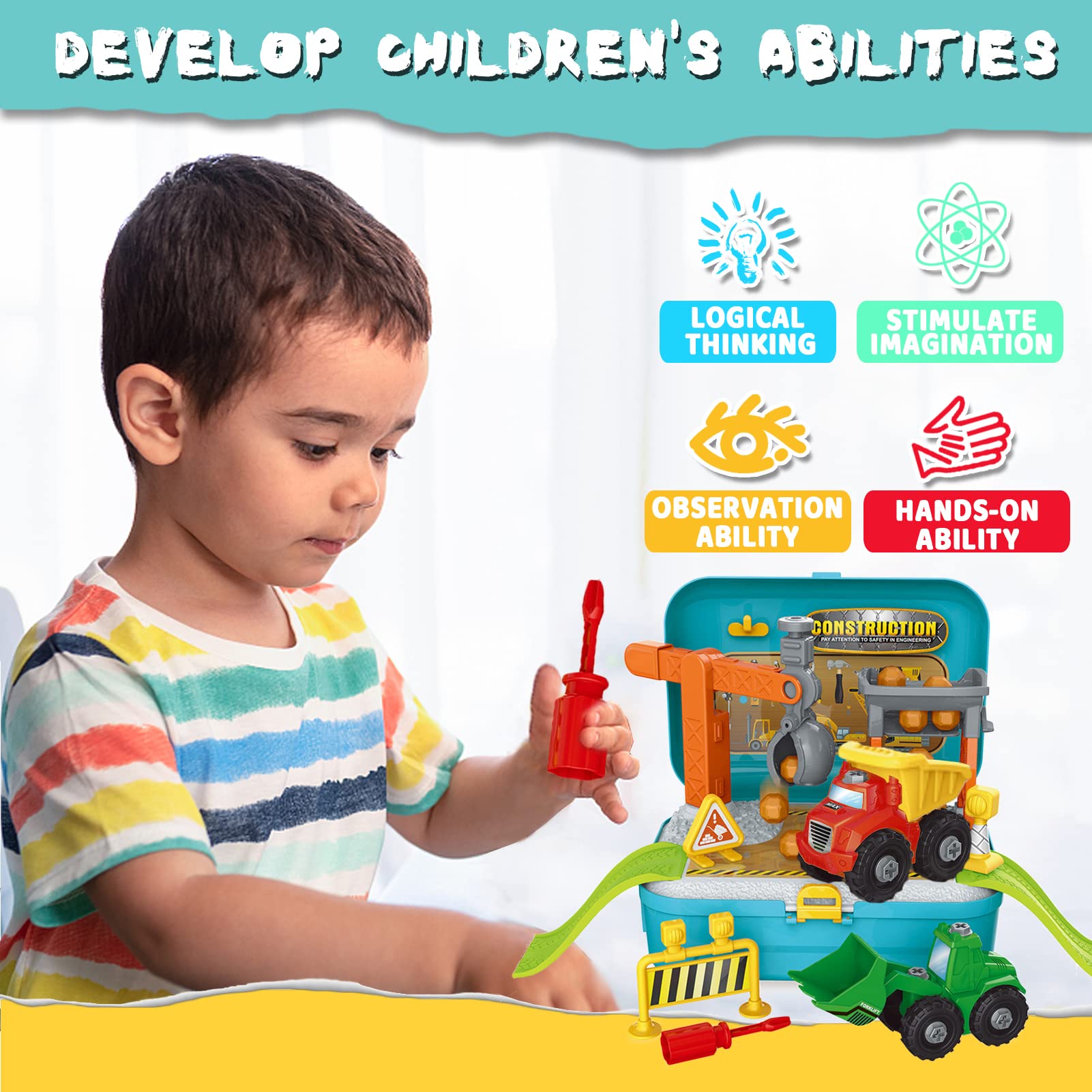 KAEGREEL Construction Vehicles Toys for Boys, 60PCS Take Apart Trucks Engineering Building Excavator Crane DumpToy Set with Backpack, STEM Birthday Gifts for Kids Aged 3 4 5 6 8 Year Old Toddlers
