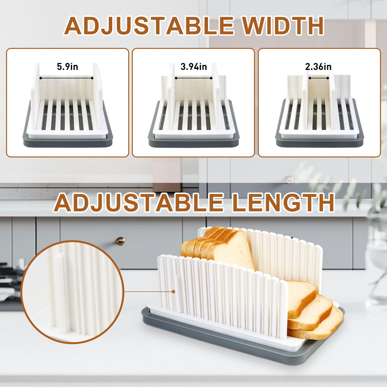 Bread Slicer for Homemade Bread, Raipeu Bread Slicing Cutting Guide Adjustable Width Length, Compact Bread Slicer Guide with Crumb Tray for Sourdough Round, Cakes, Bagels