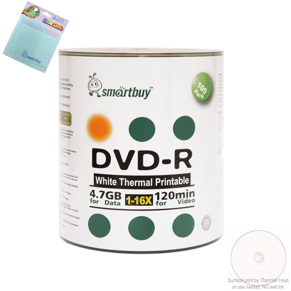 Smartbuy 100-disc 4.7GB/120min 16x DVD-R White Thermal Hub Printable Blank Media Disc + Free Micro Fiber Cloth