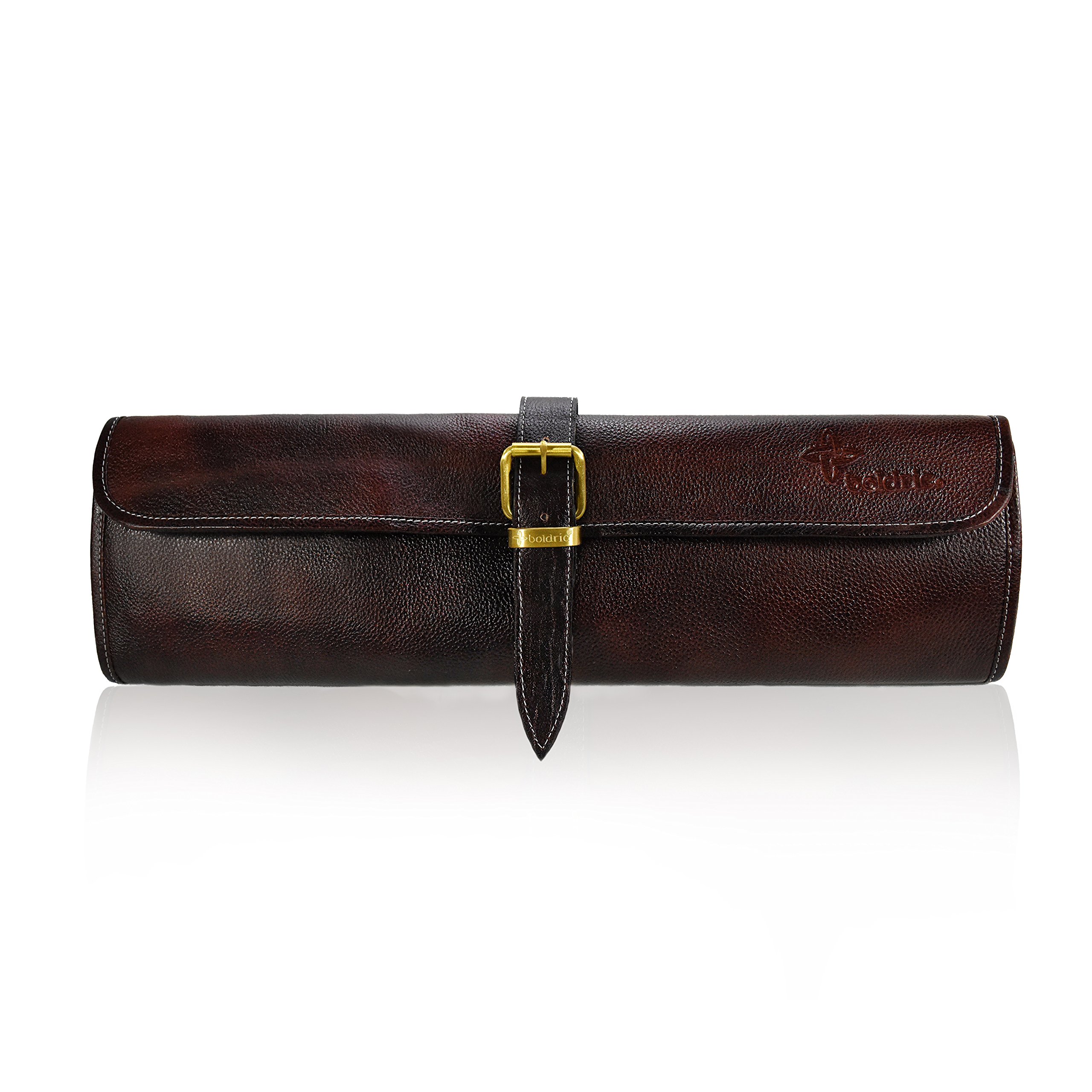 Boldric One Buckle Water Buffalo Leather Chef Knife Bag - Professional Grade Roll Travel Knife Case – 8 Tool Holder Slots For Knives Pens Pencils Spoons (Dark Brown)