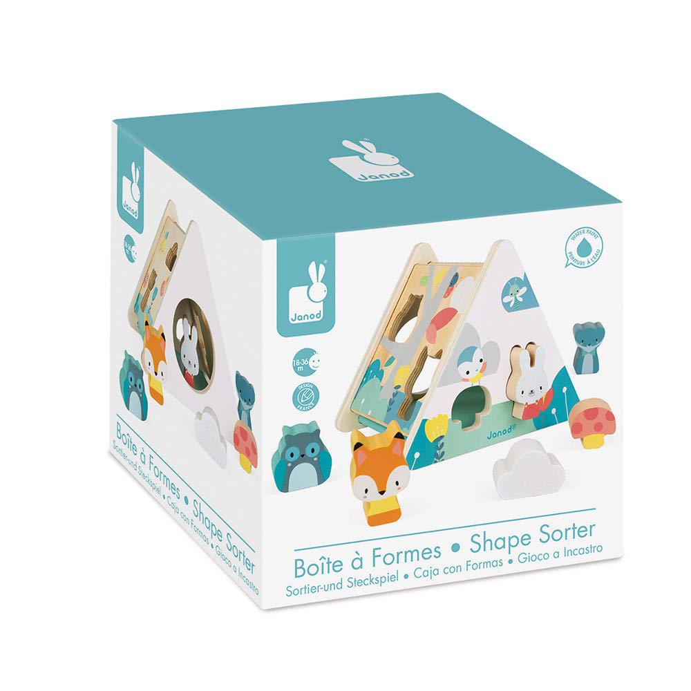 Janod - Pure Wooden Shape Sorter - Early Learning Toy - 6 Pieces Included - Handling and Building - Water-Based Paint - from 18 Months Old, J05150